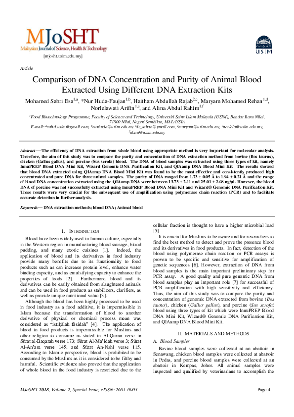 (PDF) Comparison of DNA Concentration and Purity of Animal Blood ...