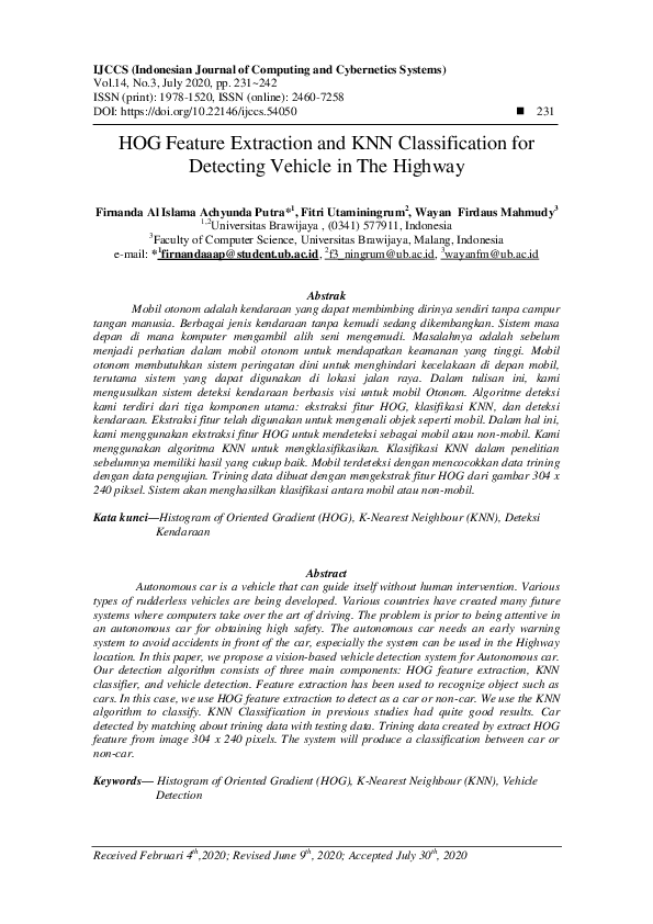 (PDF) HOG Feature Extraction and KNN Classification for Detecting ...