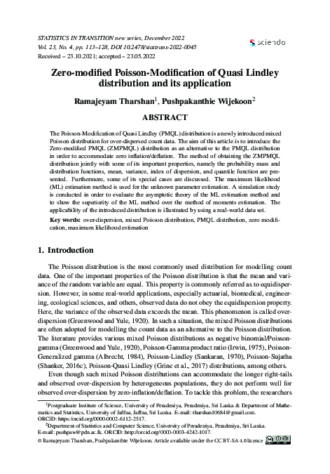 (PDF) Zero-modified Poisson-Modification of Quasi Lindley distribution ...
