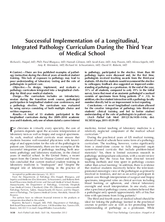 (PDF) Successful Implementation of a Longitudinal, Integrated Pathology ...