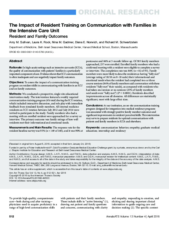 (PDF) The Impact of Resident Training on Communication with Families in ...