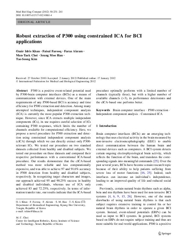 Pdf Robust Extraction Of P300 Using Constrained Ica For Bci Applications