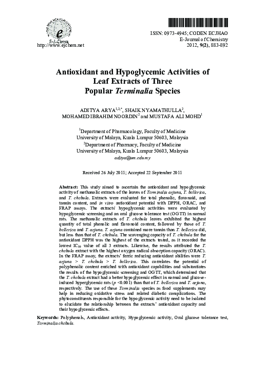 (PDF) Antioxidant and Hypoglycemic Activities of Leaf Extracts of Three PopularTerminaliaSpecies ...
