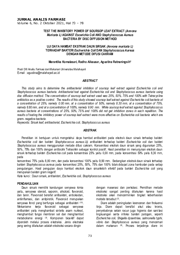 (PDF) UJI DAYA HAMBAT EKSTRAK DAUN SIRSAK (Annona muricata L) TERHADAP ...