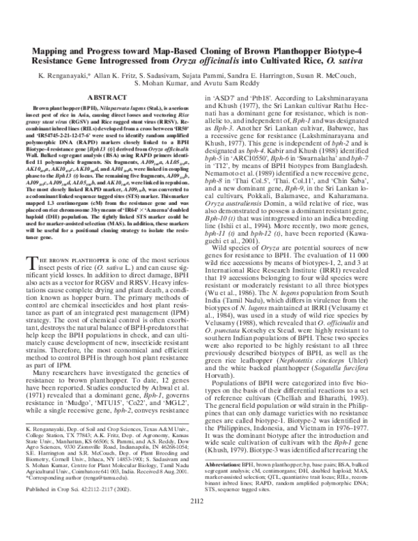 (PDF) Mapping and Progress toward Map-Based Cloning of Brown Planthopper Biotype-4 Resistance ...