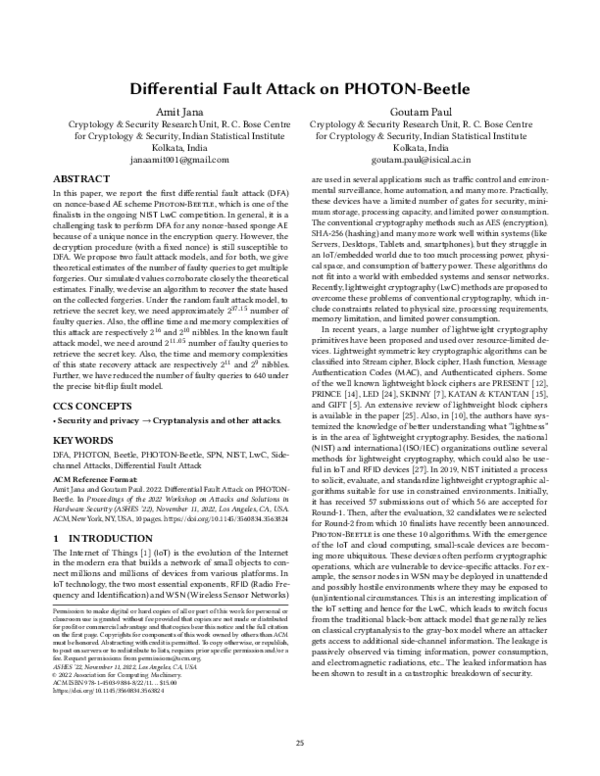 (PDF) Differential Fault Attack on PHOTON-Beetle