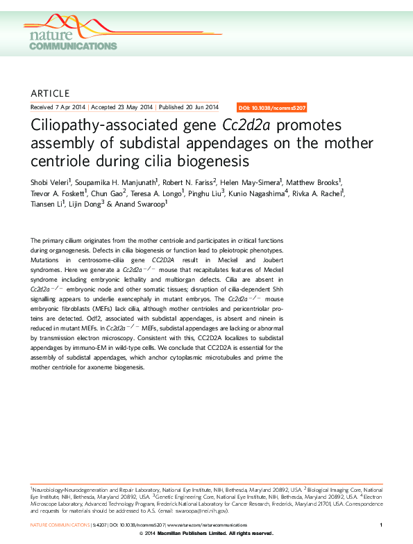 (PDF) Ciliopathy-associated gene Cc2d2a promotes assembly of subdistal ...