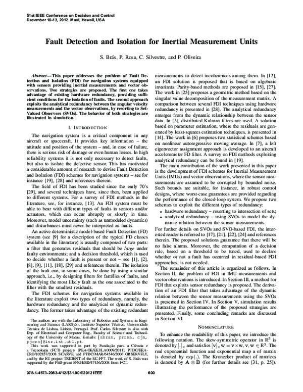 Pdf Fault Detection And Isolation For Inertial Measurement Units Sergio Bras