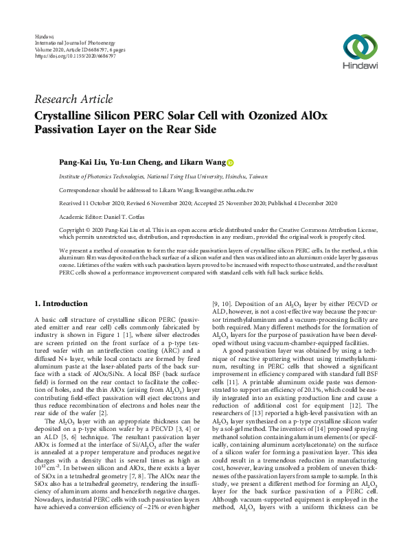 (PDF) Crystalline Silicon PERC Solar Cell with Ozonized AlOx ...