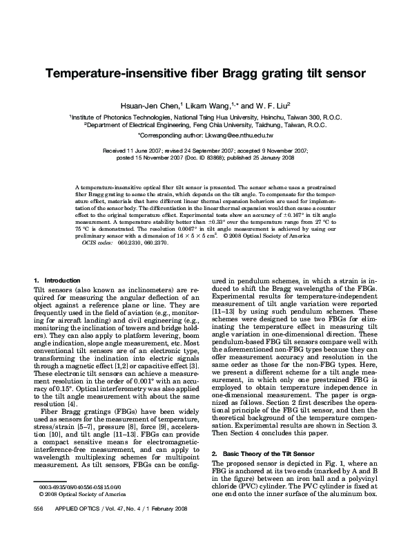 (PDF) Temperature-insensitive fiber Bragg grating tilt sensor