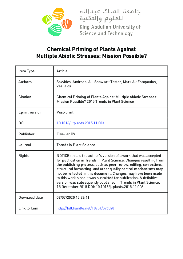 (PDF) Chemical Priming of Plants Against Multiple Abiotic Stresses ...