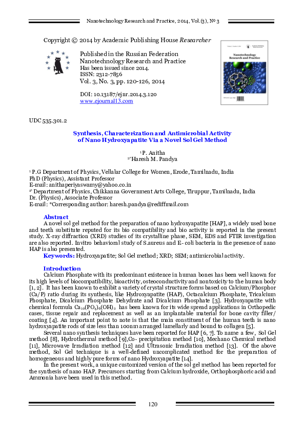 (PDF) Synthesis, Characterization and Antimicrobial Activity of Nano Hydroxyapatite Via a Novel ...