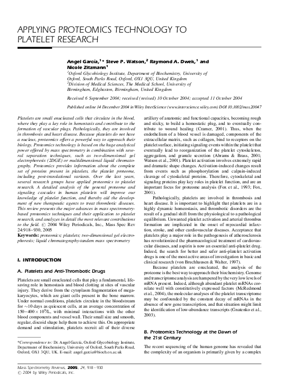 (PDF) Applying proteomics technology to platelet research