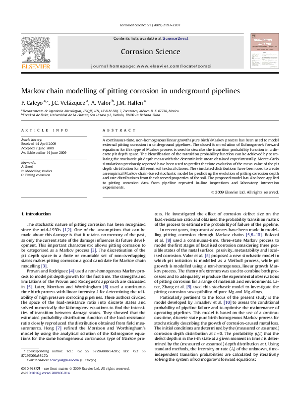 (PDF) Markov chain modelling of pitting corrosion in underground pipelines
