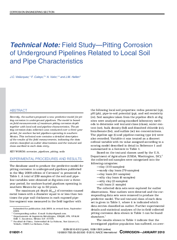 (PDF) Technical Note:Field Study—Pitting Corrosion of Underground Pipelines Related to Local ...