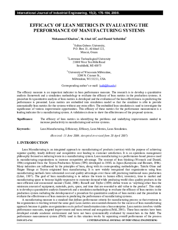 (PDF) Efficacy of Lean Metrics in Evaluating the Performance of Manufacturing Systems