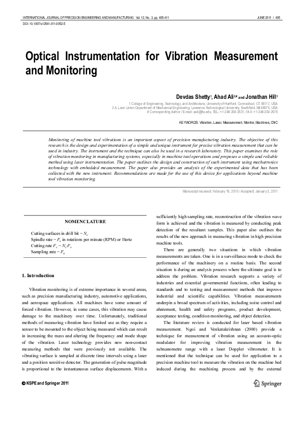 (PDF) Optical instrumentation for vibration measurement and monitoring