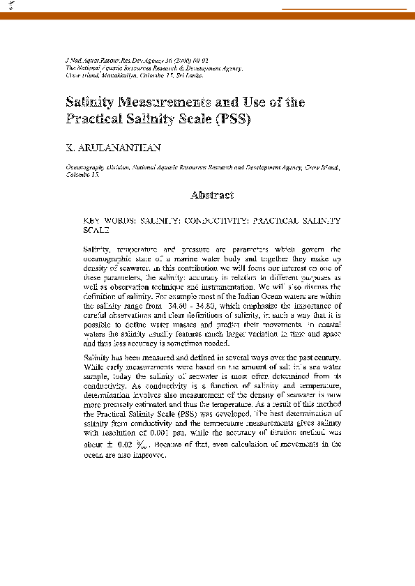 (PDF) Salinity measurements and use of the Practical Salinity Scale (PSS)