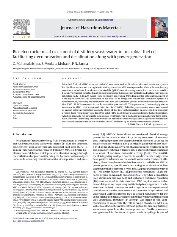 (PDF) Bio-electrochemical treatment of distillery wastewater in ...