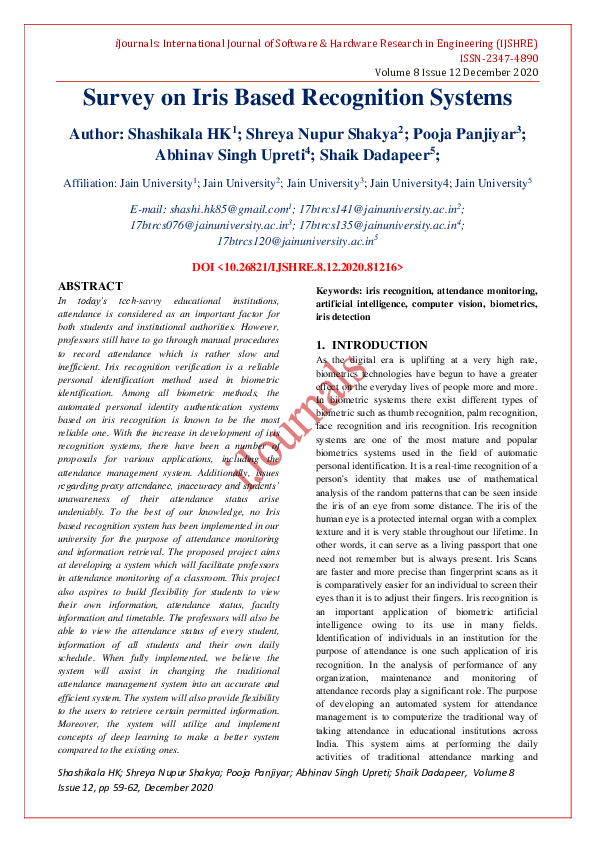 Pdf Survey On Iris Based Recognition Systems