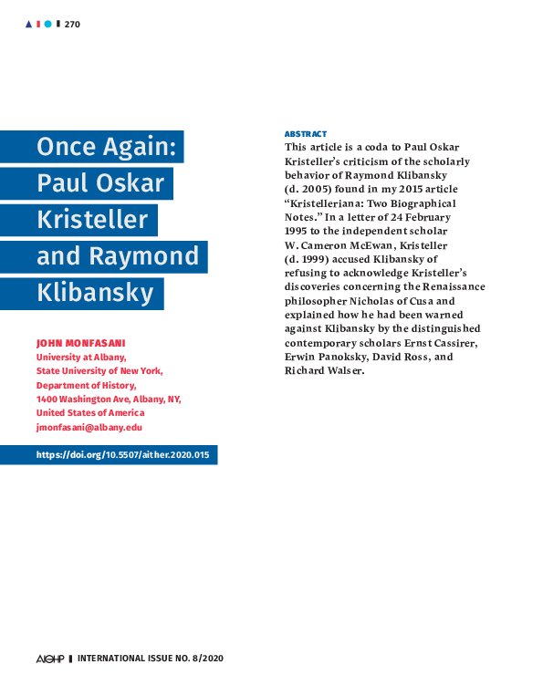(PDF) Once Again: Paul Oskar Kristeller and Raymond Klibansky