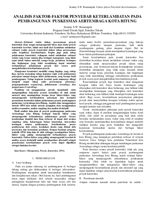 (PDF) Analisis Faktor-Faktor Penyebab Keterlambatan Pada Pembangunan Puskesmas Aertembaga Kota ...