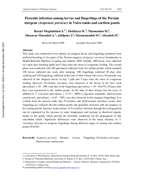 (PDF) Parasitic infection among larvae and fingerlings of the Persian ...