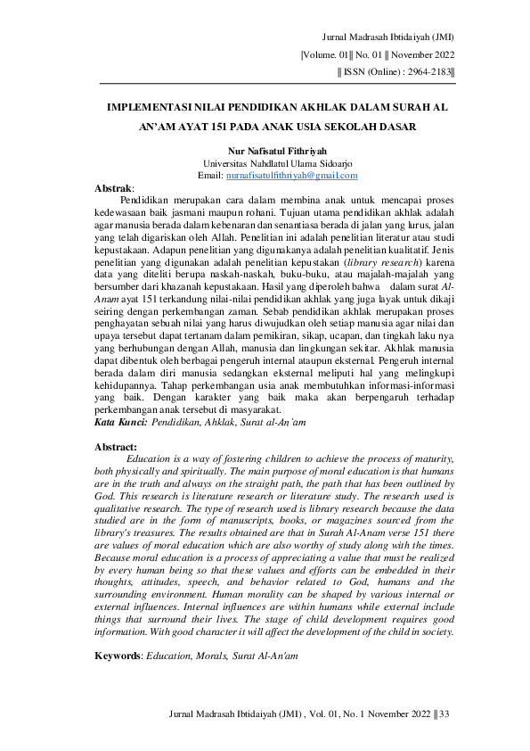 (PDF) Implementasi Nilai Pendidikan Akhlak Dalam Surah Al An’Am Ayat 151 Pada Anak Usia Sekolah ...