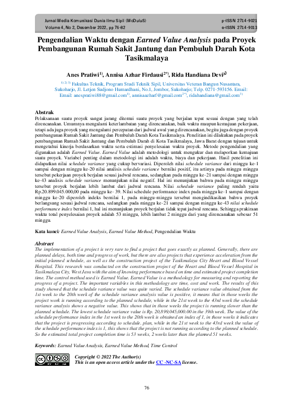 (PDF) Pengendalian Waktu dengan Earned Value Analysis pada Proyek ...