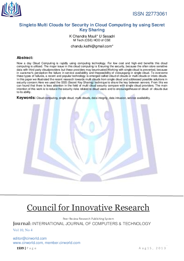 (PDF) Singleto Multi Clouds for Security in Cloud Computing by using ...