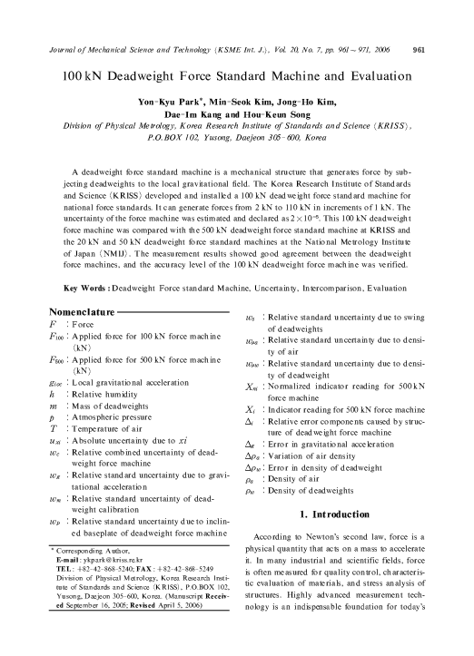 (PDF) 100 kN deadweight force standard machine and Evaluation | Minseok ...