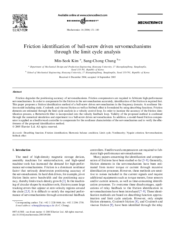 (PDF) Friction identification of ball-screw driven servomechanisms ...