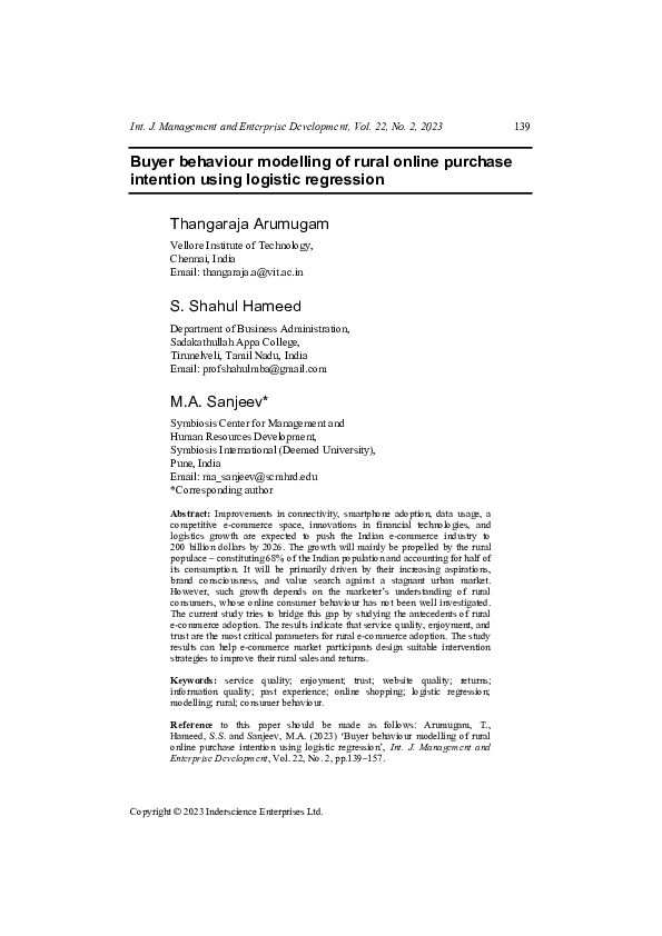 (PDF) Buyer behaviour modelling of rural online purchase intention using logistic regression