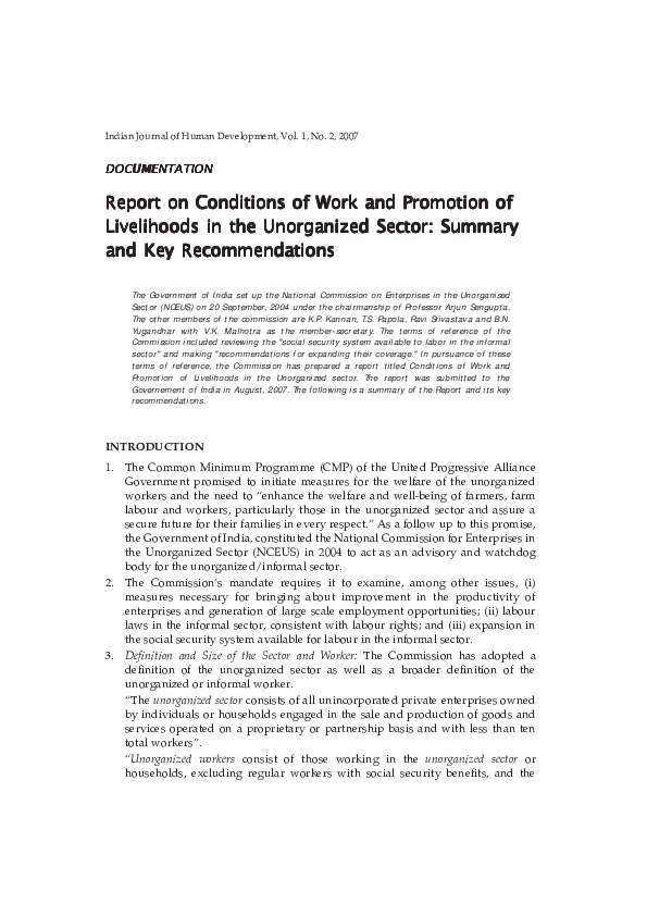(PDF) Report on Conditions of Work and Promotion of Livelihoods in the ...