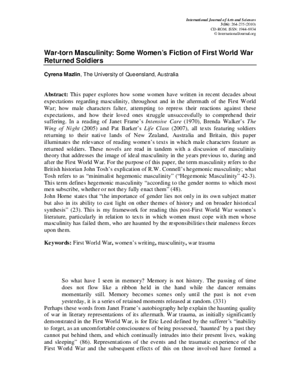 Pdf War Torn Masculinity Some Womens Fiction Of First World War
