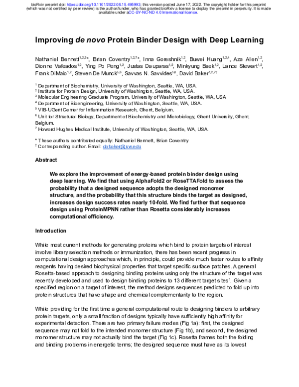 (PDF) Improving de novo Protein Binder Design with Deep Learning