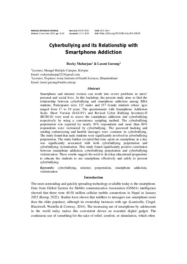 (PDF) Cyberbullying and its Relationship with Smartphone Addiction