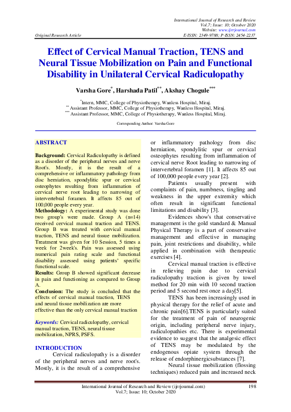 (PDF) Effect of Cervical Manual Traction, TENS and Neural Tissue ...