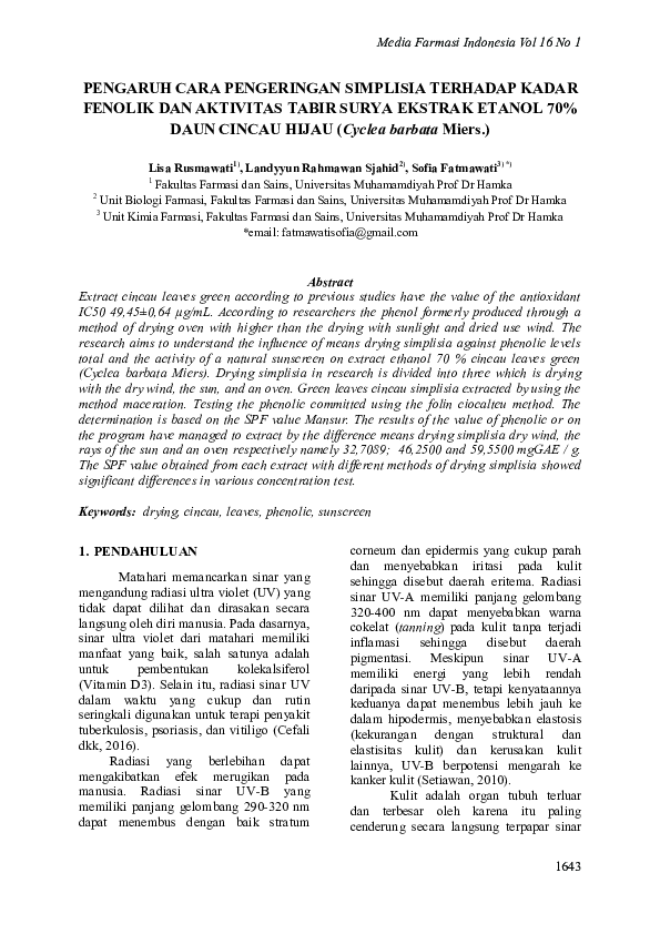 (PDF) PENGARUH CARA PENGERINGAN SIMPLISIA TERHADAP KADAR FENOLIK DAN AKTIVITAS TABIR SURYA ...