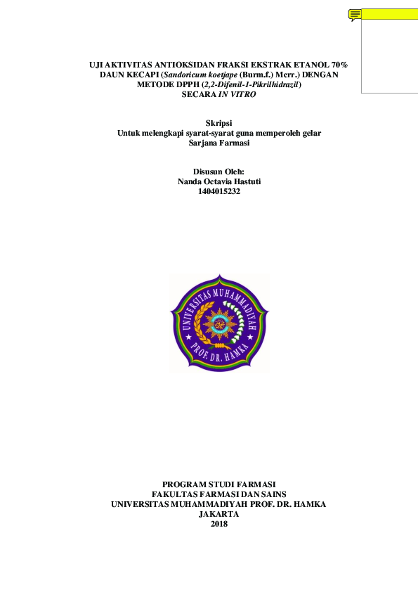 (PDF) Uji Aktivitas Antioksidan Fraksi Ekstrak Etanol 70% Daun Kecapi ...