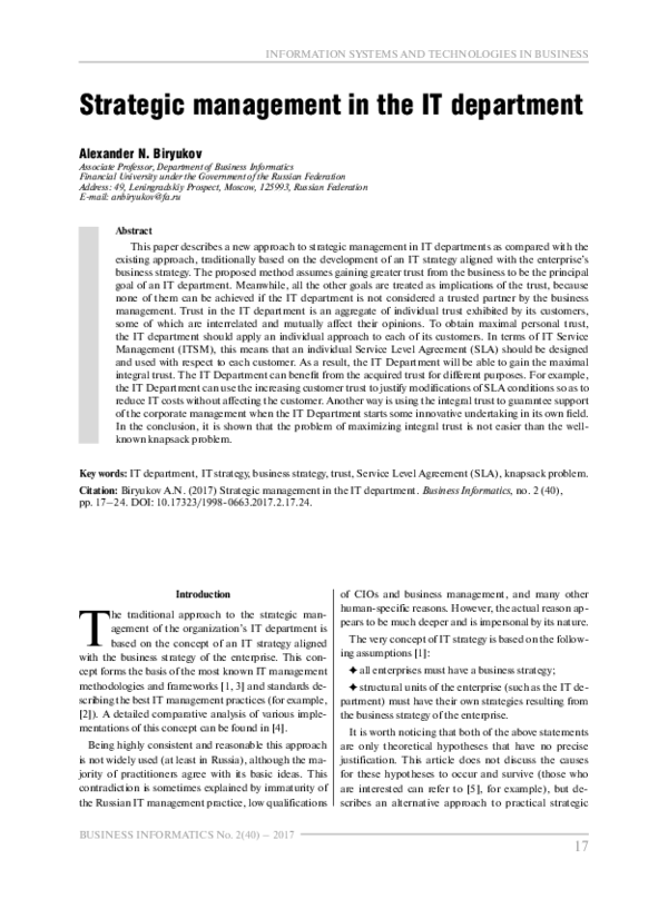 (PDF) Strategic management in the IT department