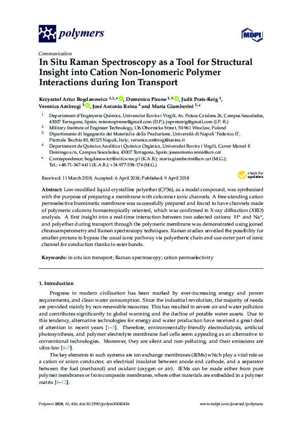 (PDF) In Situ Raman Spectroscopy as a Tool for Structural Insight into Cation Non-Ionomeric ...