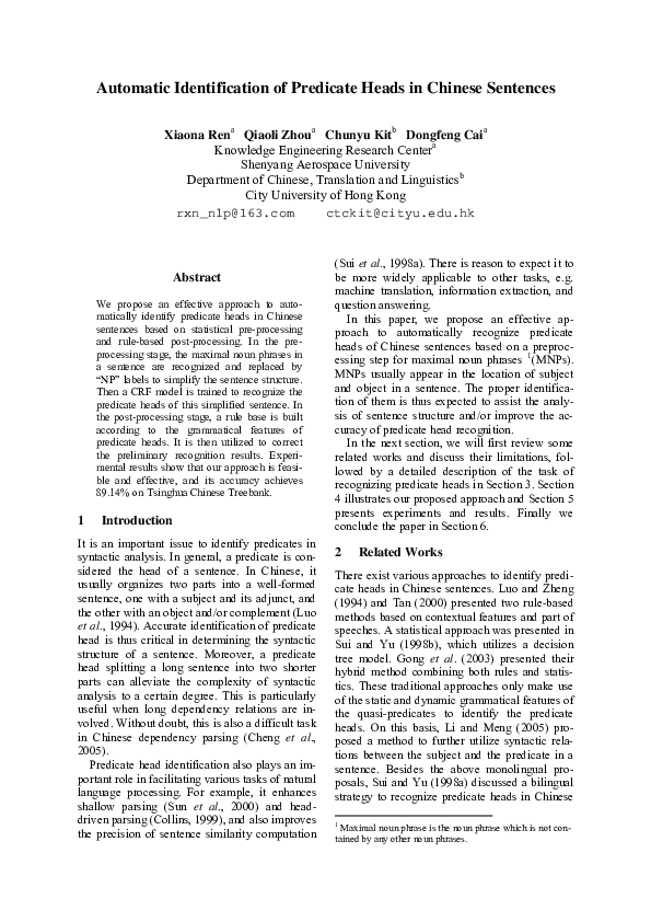 Pdf Automatic Identification Of Predicate Heads In Chinese Sentences Qiaoli Zhou 