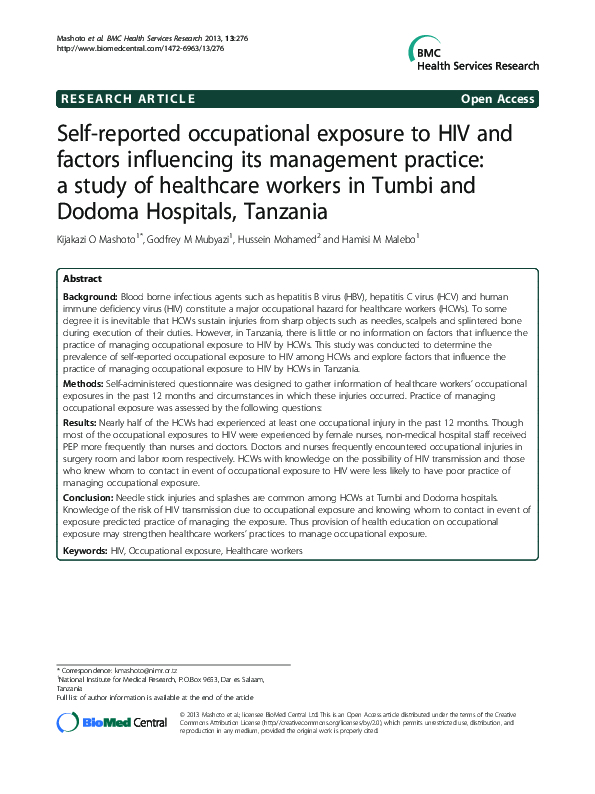 (PDF) Self-reported occupational exposure to HIV and factors ...