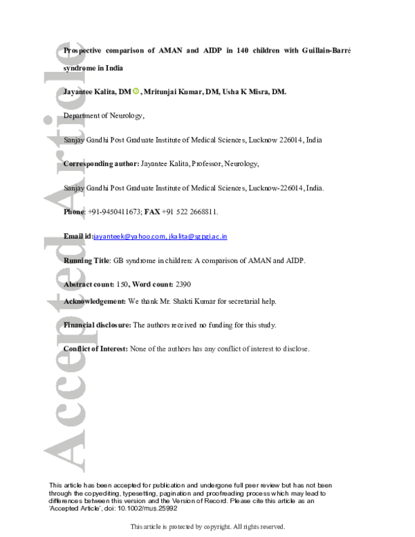 (PDF) Prospective comparison of AMAN and AIDP in 140 children with ...