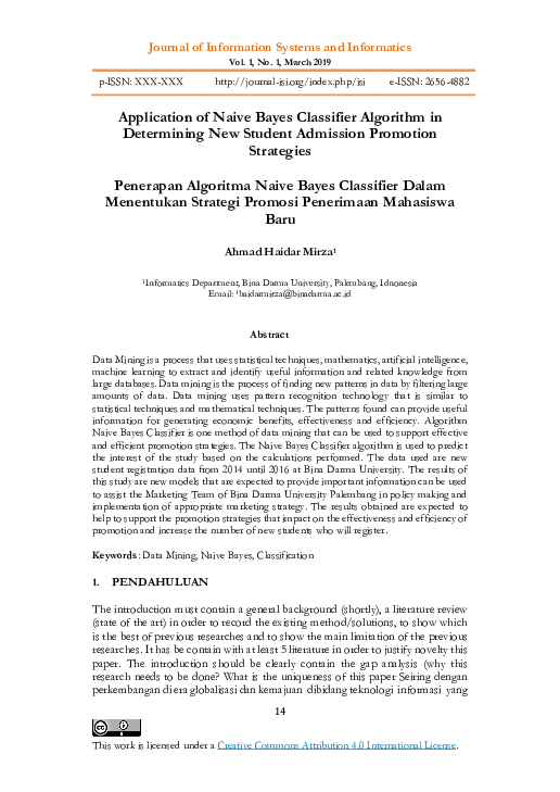 Pdf Application Of Naive Bayes Classifier Algorithm In Determining 7854
