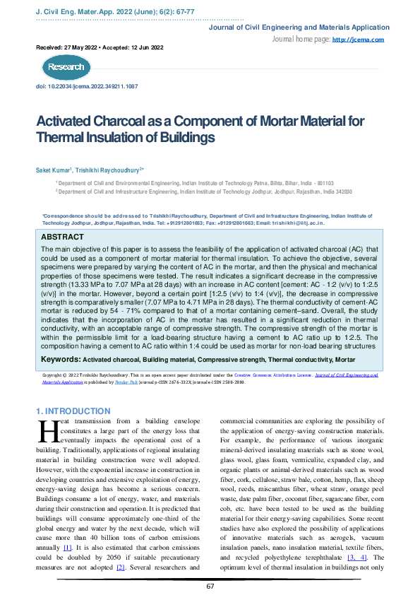(PDF) Activated Charcoal as a Component of Mortar Material for Thermal ...