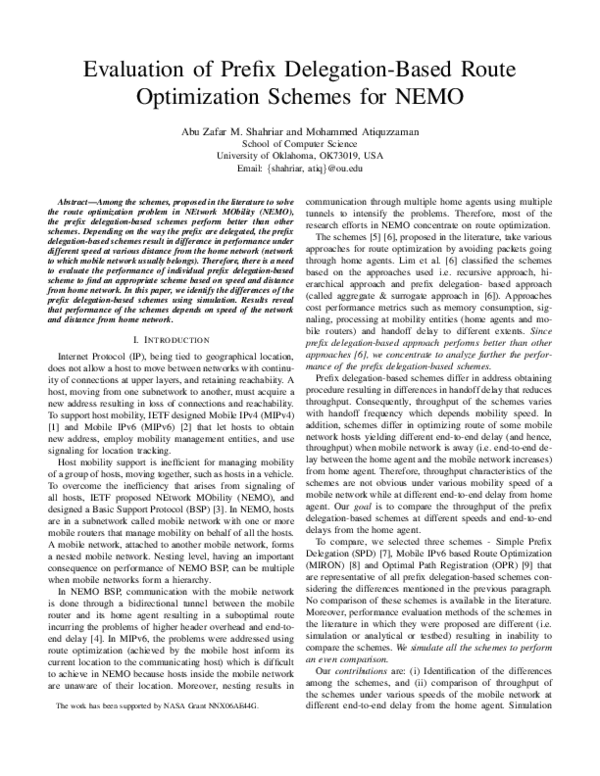 (PDF) Evaluation of Prefix Delegation-Based Route Optimization Schemes for NEMO | Abu Zafar ...