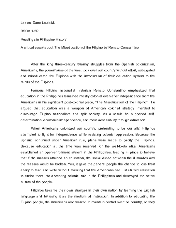 (DOC) A critical essay on "The Miseducation of the Filipino" by Renato Constantino