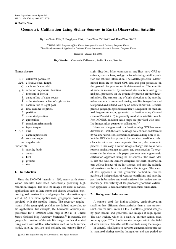 (PDF) Geometric Calibration Using Stellar Sources in Earth Observation Satellite